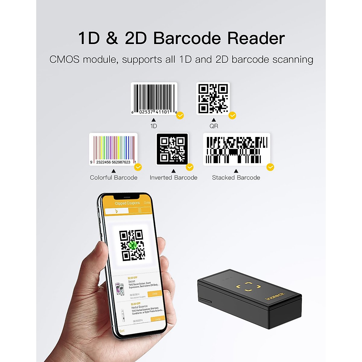 Inateck Barcode Scanner Bluetooth, 1D 2D QR Code Scanner Kabellos 2.4GHz, Portable Wireless Barcode-Scanner Laser, Mini Handscanner with APP and SDK, BCST-46