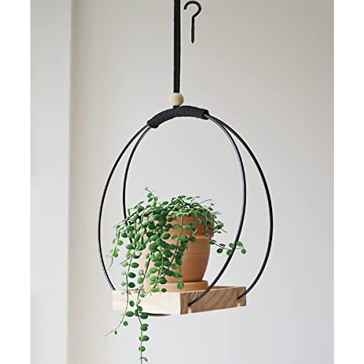 Dravmola Plant Hanger with Wood Base - Boho Macrame Hanging Plant Holder for Indoor Plants Hanging Planter for Wall/Window/Room Decor Black (Pot & Plant Not Included)