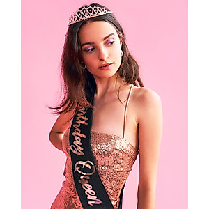 xo, Fetti Birthday Queen Sash + Tiara - Black Glitter + Rose Gold Foil | Birthday Party Decorations - 16th, 21st, 30th, 40th, 50th, Girl