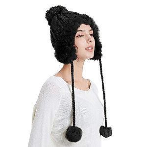 Zecmos Winter Skull Beanie Hat Women Faux Fur Knit Warm Soft Ski Cap Fleece Ear Flaps Black
