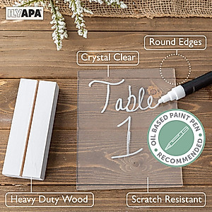 Ilyapa Acrylic Sign Holders with White Wood Stands, 8 Pack - Small 5x6 Inch Blank Table Numbers Set for Wedding