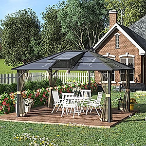 Outsunny 12' x 14' Hardtop Gazebo Canopy with Polycarbonate Sngle Roof, Outdoor Gazebo with Sidewalls for Patio, Garden, Backyard, Deck, Gray and Brown