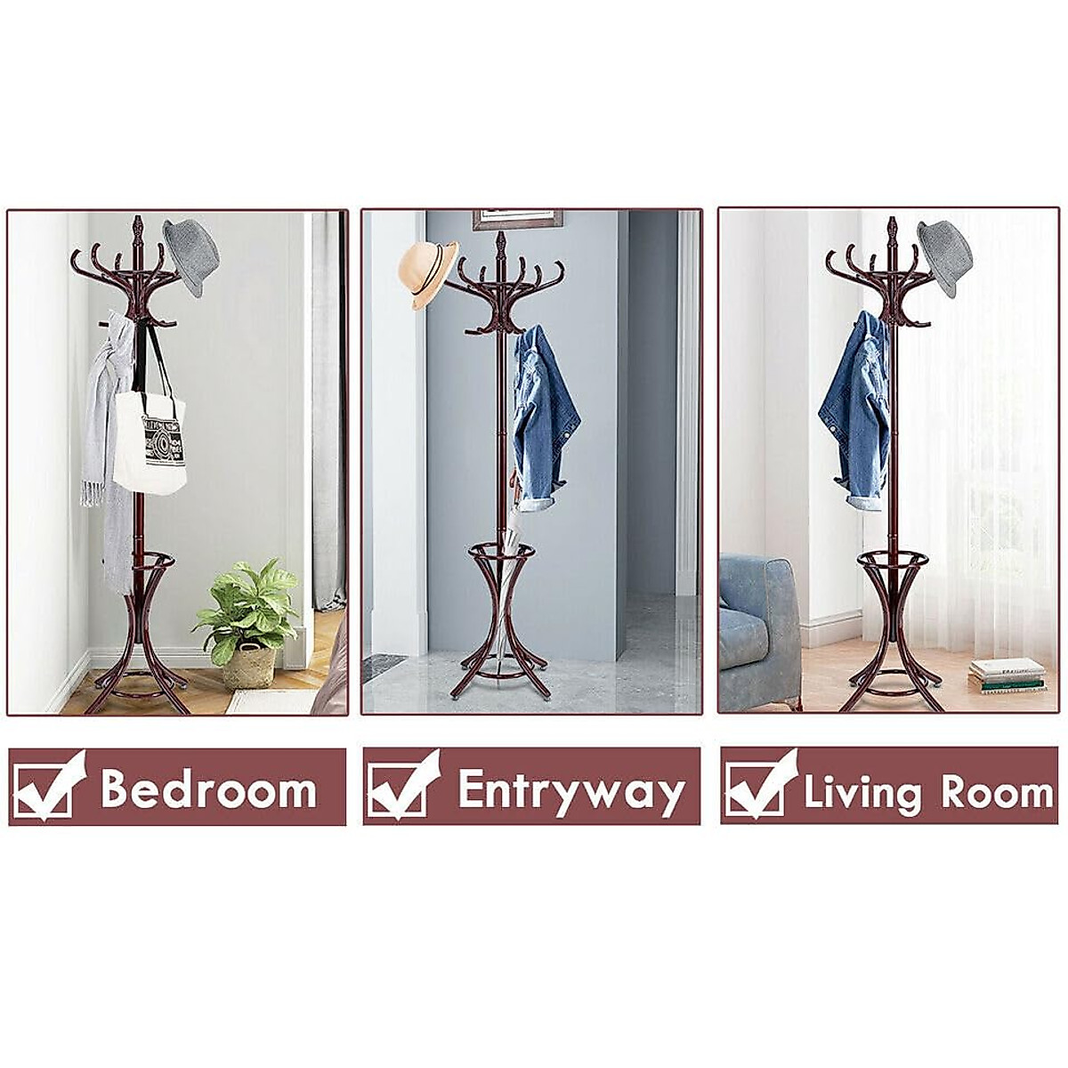 Tangkula 75.5" Standing Coat Rack, Wood Coat Tree with 12 Hooks, Home Hat Jacket Hanger Tree 12 with Umbrella Holder Coat Stand (Brown)