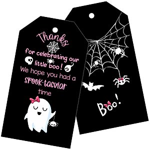 50 Pieces Halloween Thank You Favor Tags Thanks for Celebrating Our Little Boo Gift Tags Spooky Ghost Thank You Tags Baptism Favors for Guests Wedding Baby Shower Birthday Party Supplies (Girl Style)