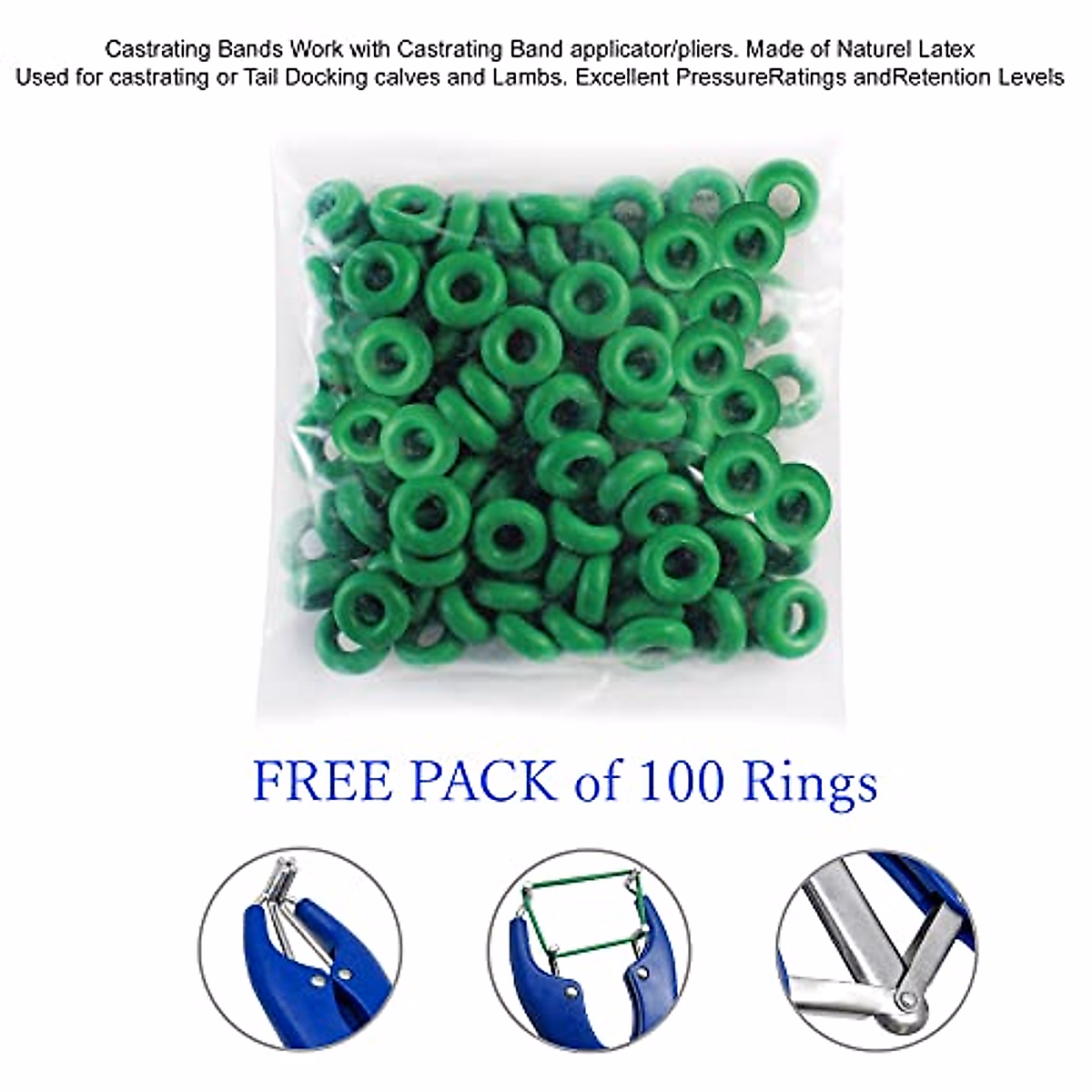 Bloodless Animal Elastrator Castration or Tail Docker Pliers Plastic & Free 100 pcs Elastic Bands (animal only)