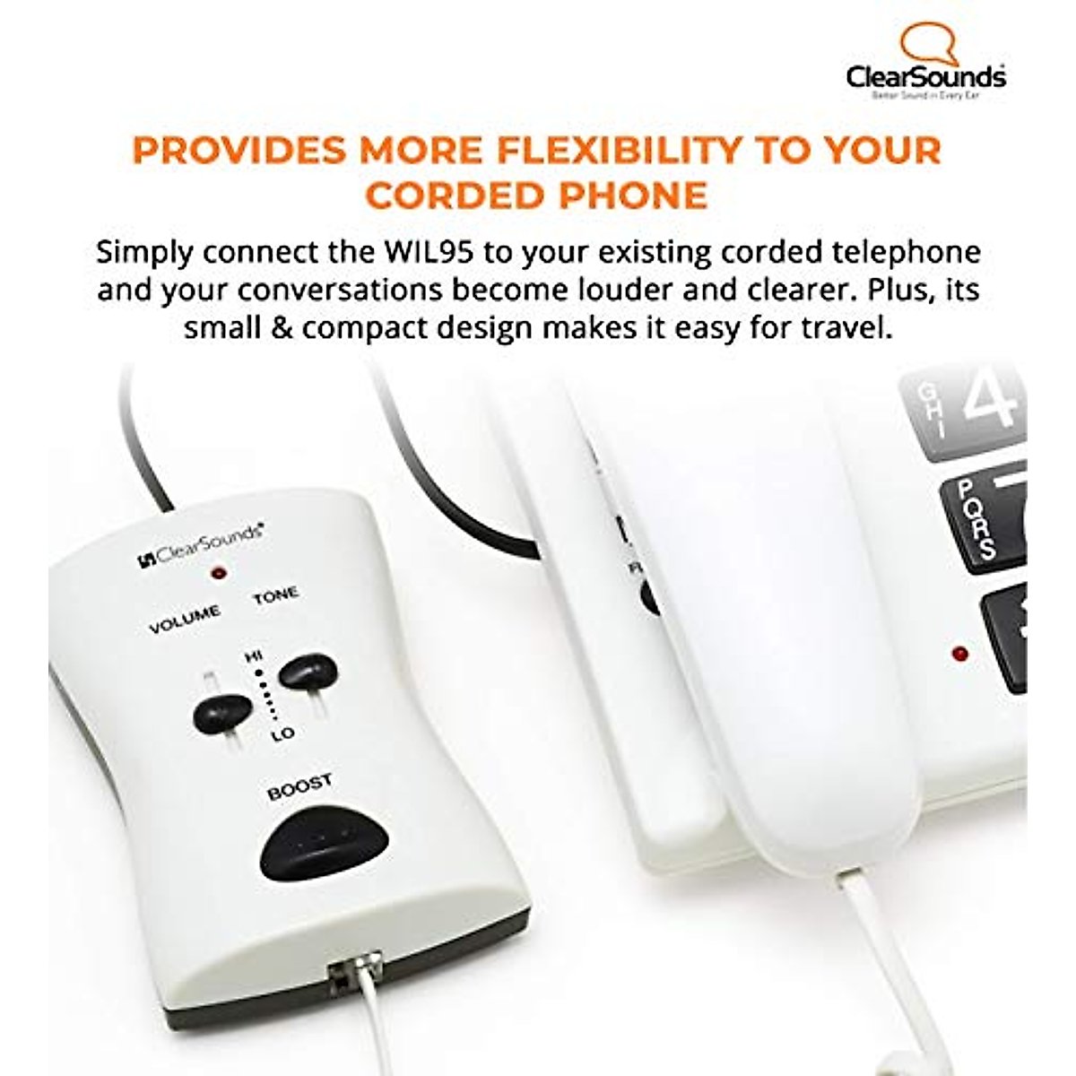 ClearSounds WIL95 UltraClear Portable Telephone Amplifier for Corded Digital and VoIP Phones with Up to 40dB Amplification, AC Powered (White)