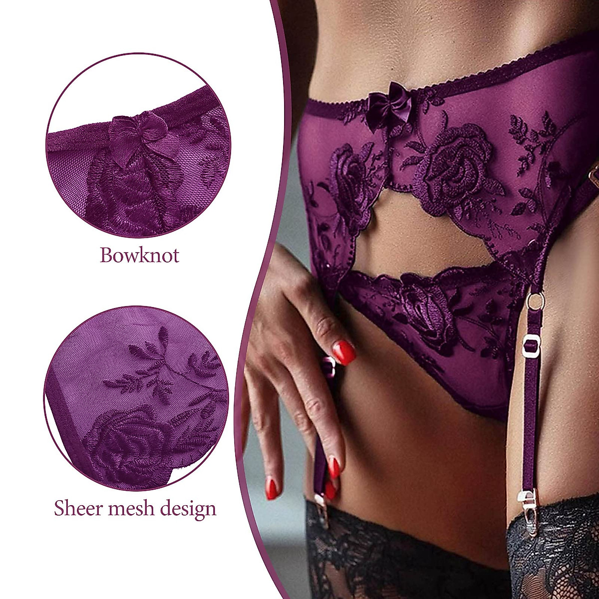 Lace Garter Belt Suspender Straps Sexy Sheer Mesh High Waisted Lingerie Panty Thong 4 Metal Clips for Thigh Hold up Tights (Purple)