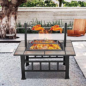 SINGLYFIRE 37 Inch Fire Pit Table with Grill for Outside Large Square Wood Burning firepit Heavy Duty Steel Bonfire Pit Cooking with Spark Screen Log Grate Poker for Backyard Garden Camping