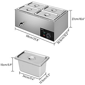 600W Commercial Food Warmer 5L x 4 Stainless Steel Plates Heating Food Warming Soup Pool 30-85°C/86-185°F