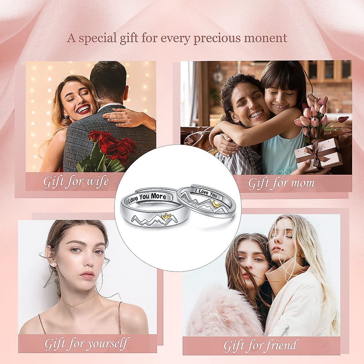 JZMSJF 2Pcs Sterling Silver Mountain Sun Moon Matching Couple Rings Set Adjustable His and Hers Promise Rings for Couples Men Women Wedding Engagement Bands