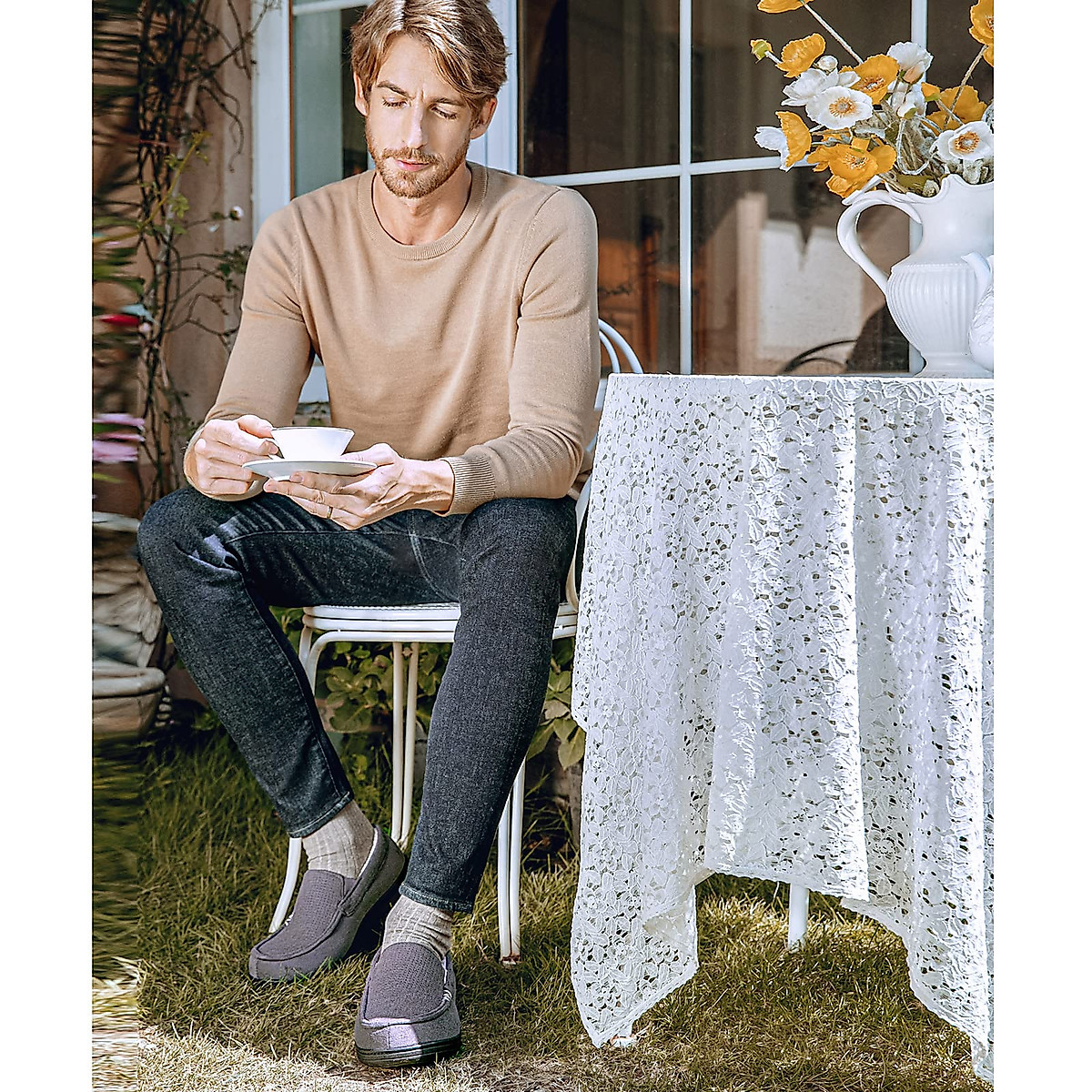 HomeTop Men's Classic Moccasin Slippers Comfy Memory Foam Indoor House Shoes Dark Gray,10 US