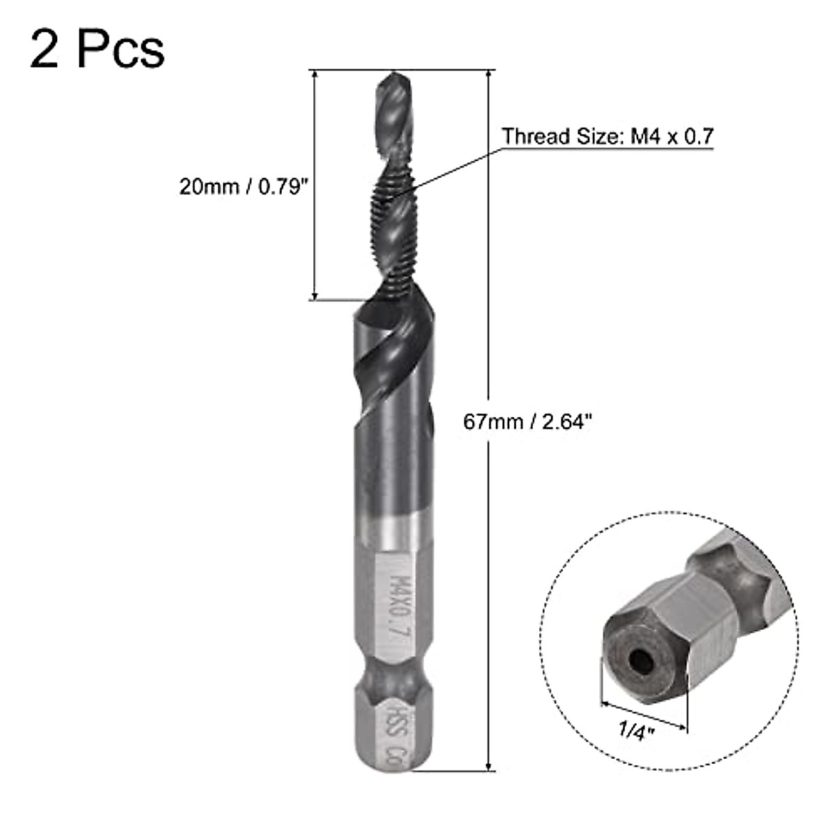 uxcell Combination Drill and Tap Bit, 1/4" Hex Shank M4 x 0.7 Metric TiAlN Coated M35 Cobalt High Speed Steel Spiral Flute Drilling Tapping Tool 2pcs