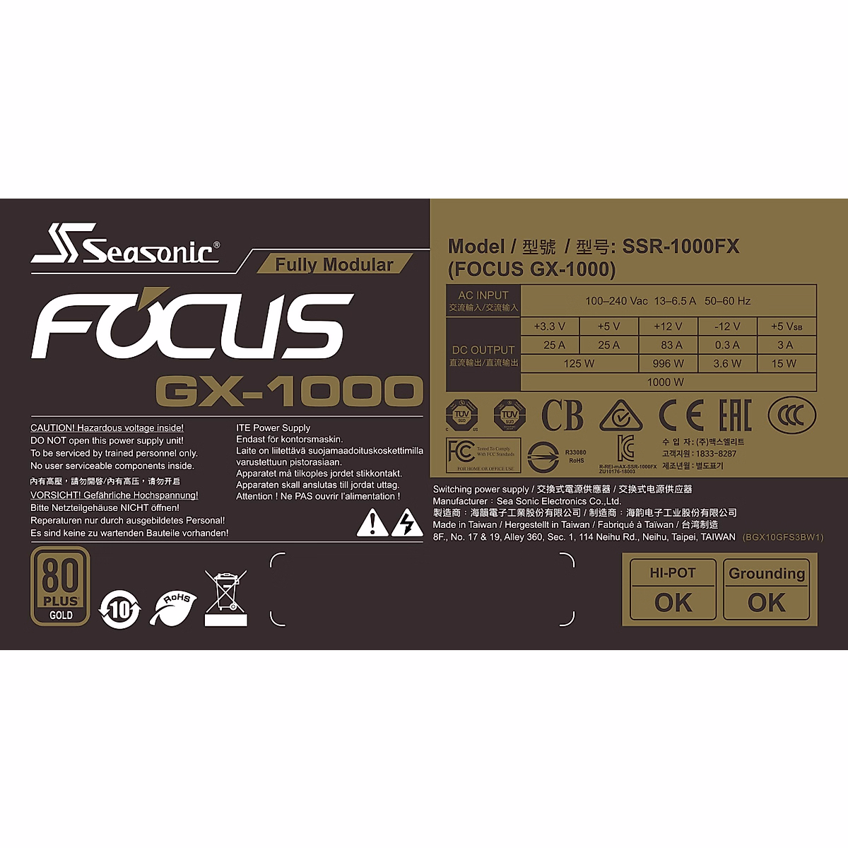 Seasonic FOCUS Plus 1000 Gold SSR-1000FX 1000W 80+ Gold ATX12V & EPS12V Full Modular 120mm FDB Fan Compact 140 mm Size Power Supply