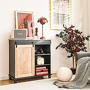 Giantex Buffet Sideboard, Coffee Bar Station with Sliding Barn Door, 2 Drawers, Wine Rack, Wood Cupboard Pantry, Farmhouse Storage Cabinet for Kitchen, Living Room (Natural & Black)