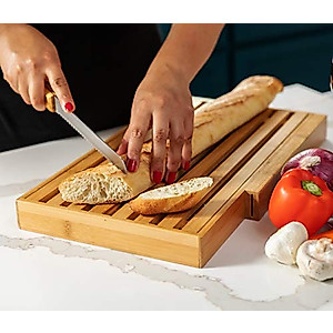 Bamboo Land- Large Bamboo Bread Board with Large Bread Knife and Crumb Catcher, Bread Cutting Board, Bread Boards Wooden, Bread Tray, Bread Cutting Board with Crumb Catcher, Tray to Cut Homemade Bread