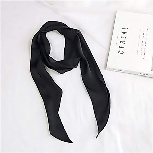 GERINLY Solid Color Long Neckerchief Pure Skinny Scarf Necktie for 50's Costume Party Black Silk Scarf Belts for Hair (Black)