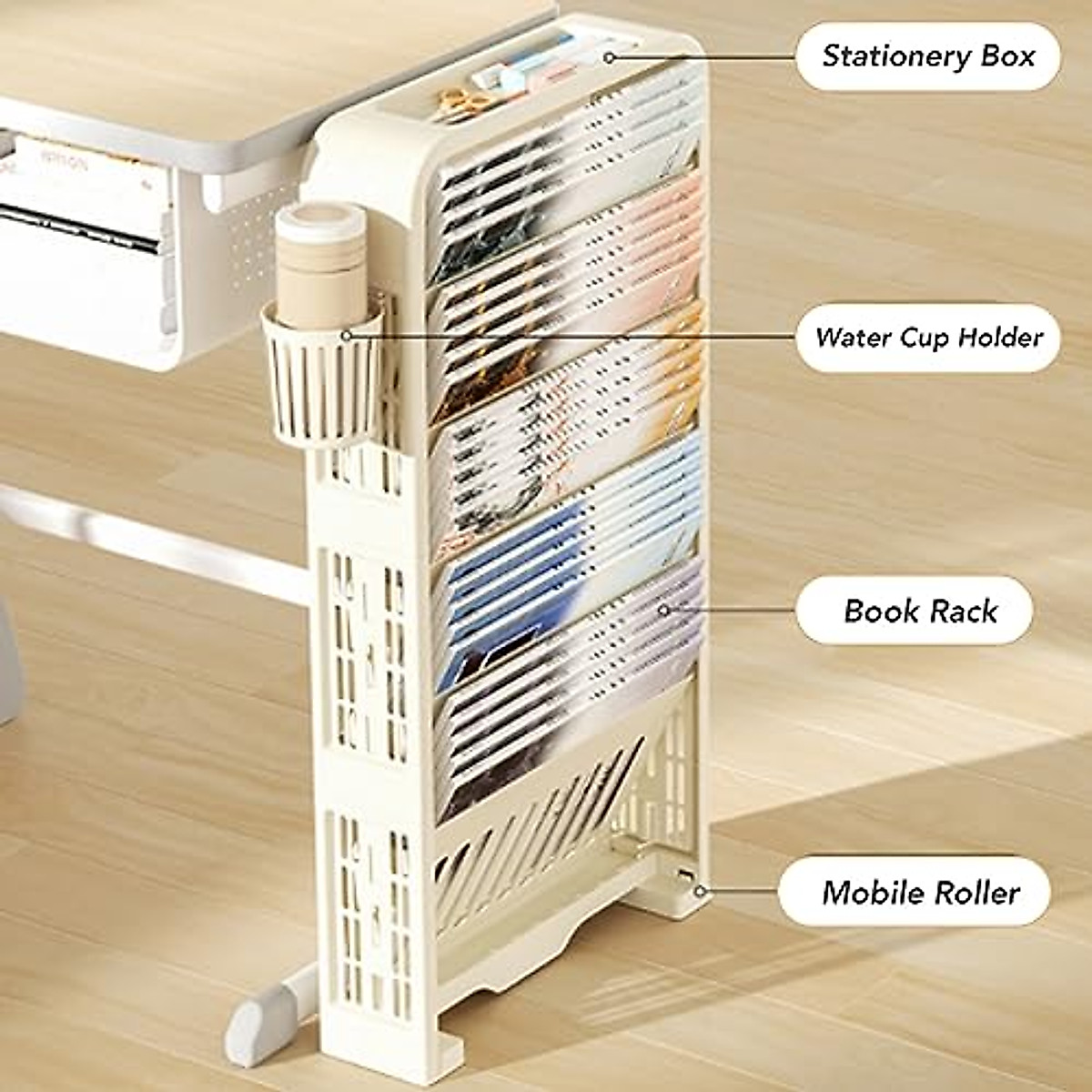 Fabater Movable Bookshelf Cart, 5 Tier Rolling Utility Cart, Mobile Book Cart with Pen Holder, Removable Storage Book Shelves, File Organizer for Home, Office, Kitchen, Classroom (Cream)