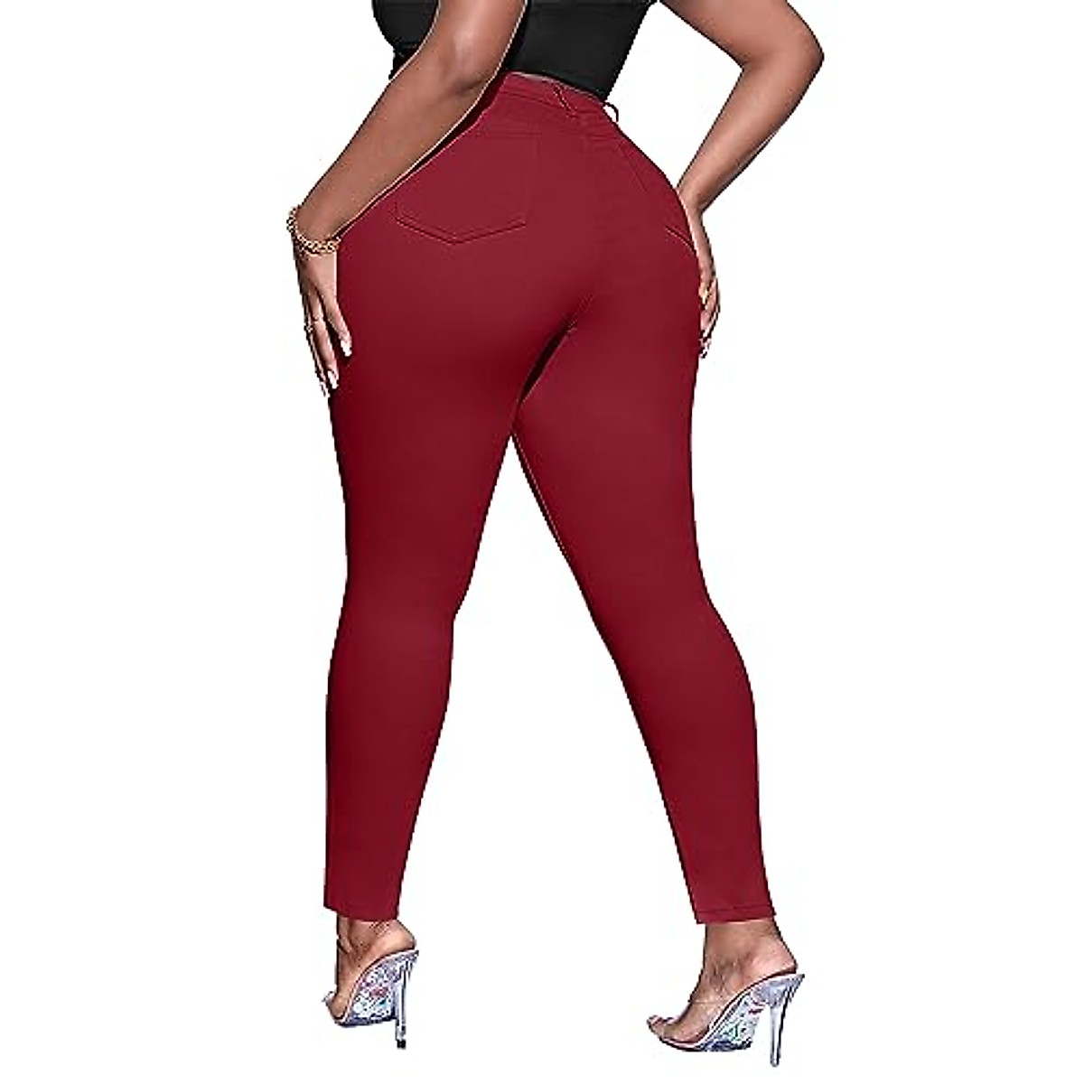 Gboomo Womens Plus Size Pants Skinny Tapered Comfy Stretch High Waist Ankle Jean Wine Red 14W