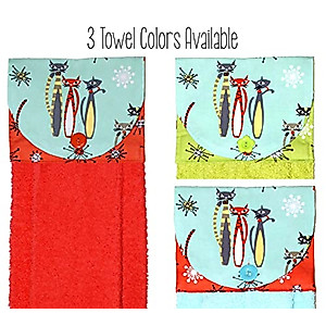 Hanging Hand Towel - Mod Cats On Aqua with Green Starburst Accent Fabric - Plush Green Kitchen Towel