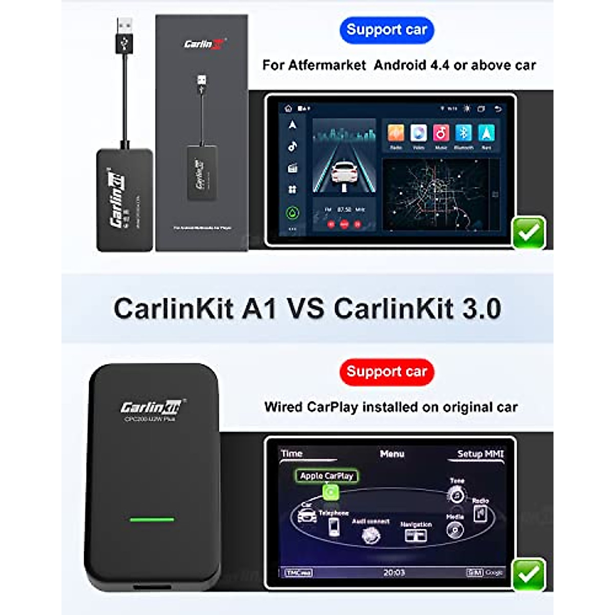 2023 CarlinKit Wireless CarPlay & Wireless Android Auto for Car with Android Head Unit System 4.4.0+,Built-in APK App,Online Upgrade.
