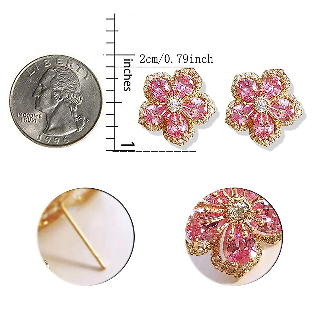 DAMLENG Handmade Chic Boho Pink Rhinestone Flower Statement Stud Earrings with Gold Flower Bud for Women Sister Mom Lover and Friends (Pink)