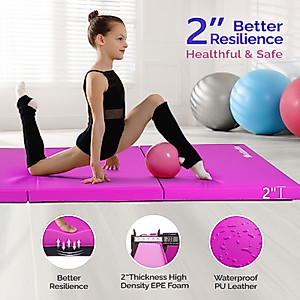 Matladin 6' Folding Tri-fold Gymnastics Gym Exercise Aerobics Mat, 6ft x 2ft x 2in PU Leather Tumbling Mats for Stretching Yoga Cheerleading Martial Arts (Purple)