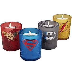 Insight Editions DC Comics Justice League Glass Votive Candles - Set of 4 - Superman, Wonder Woman, Flash, Batman - Unscented - 3 oz Each
