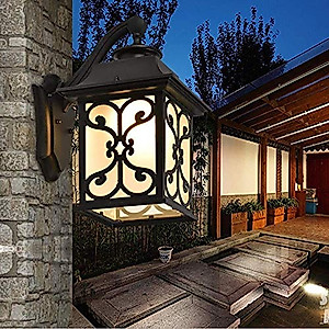 PEHUB E27 European Antique Porch Wall Sconce Outdoor Garden Waterproof Aluminum Black Finish Wall Lamp Square Glass Lampshade Exterior Wall Mount Lighting Fixture Villa Decor Wall Light Exterior Light