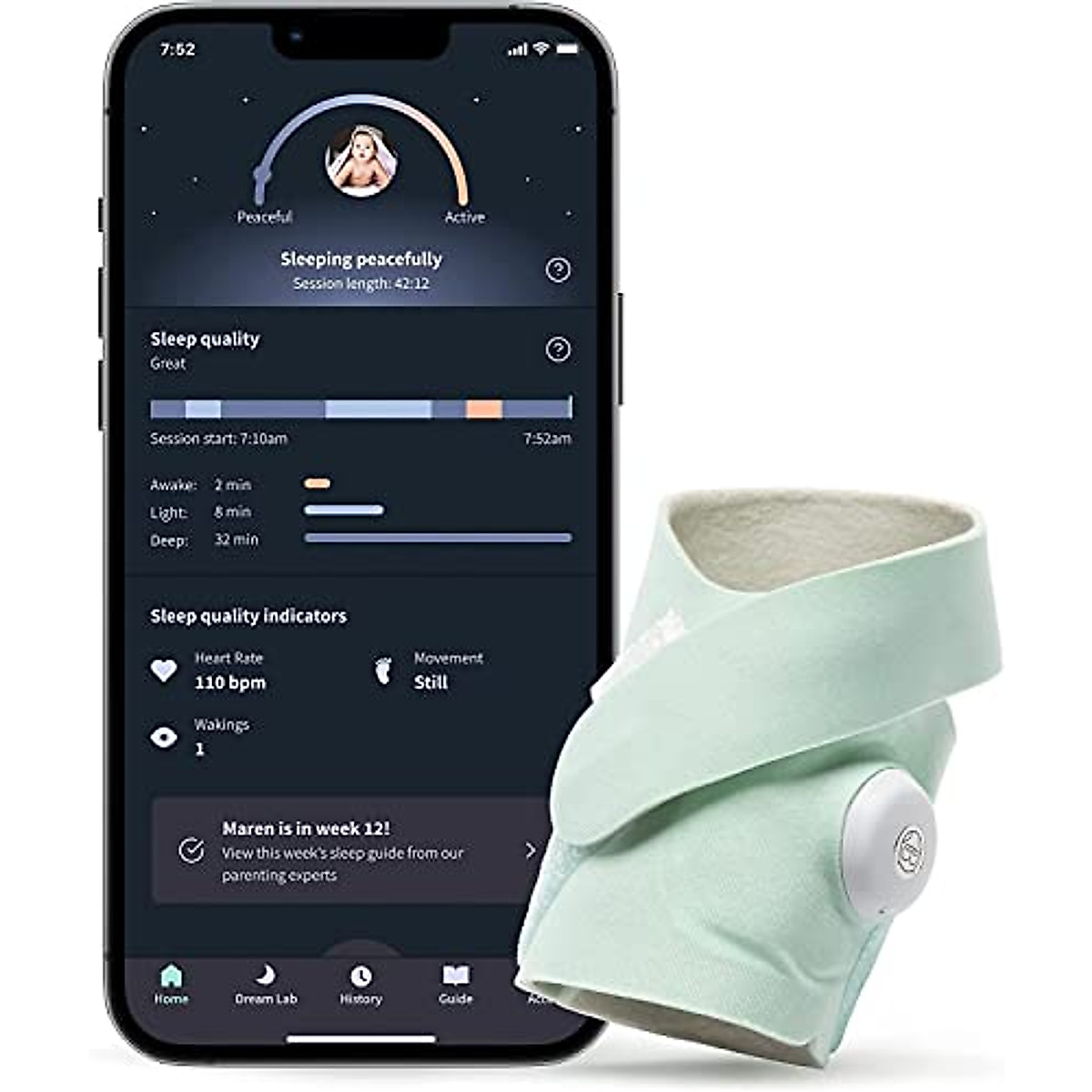 Owlet Dream Sock Plus - Smart Baby Monitor with Heart Rate and Average Oxygen O2 as Sleep Quality Indicators - Standard Sock and Plus-Sized Sock to Grow with Baby, Mint