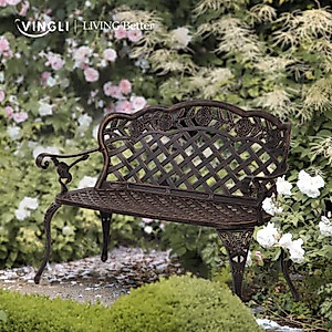 VINGLI 42.5" Patio Garden Bench Outdoor Metal Rose Loveseat,Cast Iron Cast Aluminium Frame Antique Finish Park Chair,Accented Lawn Front Porch Path Yard Bronze Decor Deck Furniture for 2 Person Seat