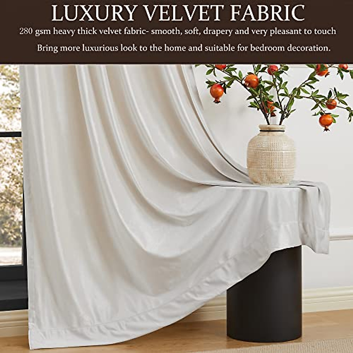 100% Blackout Ivory Off White Velvet Curtains 96 inch Long for Living Room,Set of 2 Panels Liner Rod Pocket Back Tab Thermal Window Drapes Room Darkening Heavy Decorative Curtains for Bedroom