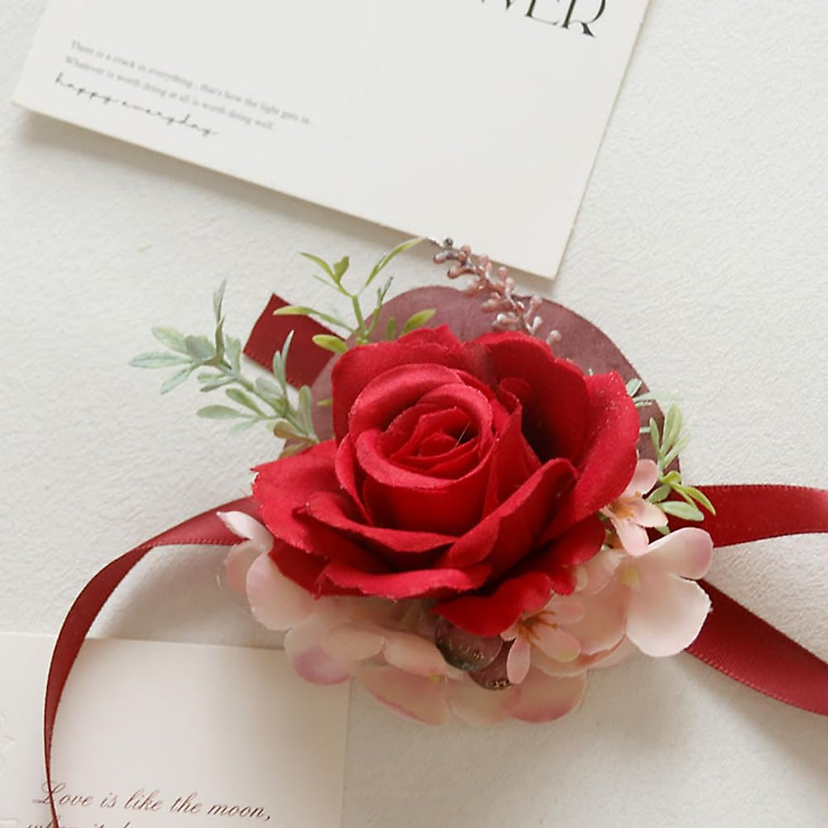 MAFELOE 2 Pieces of Wrist Corsage and Boutonniere Set, Artificial Flowers Accessories Suit Decor for Wedding Prom Party Homecoming Ceremony Anniversary -Red+Pink