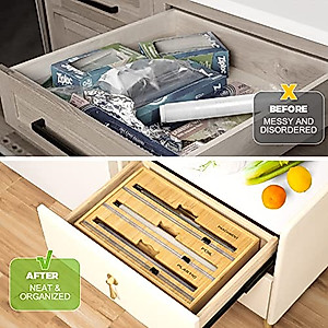 Himimi Foil and Plastic Wrap Organizer with Cutter for Drawer, Aluminum Foil, Saran Wrap,Wax Bamboo Dispenser for Kitchen Organization and Storage Foil and Plastic Wrap for 13" Roll (Natural)