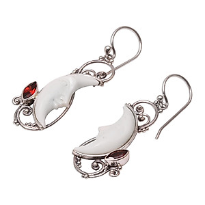 NOVICA Artisan Handmade Garnet Dangle Earrings Bone Crescent Moon from Bali Sterling Silver Indonesia Sun [1.6 in L x 0.6 in W x 0.2 in D] ' Glittering Crescents'