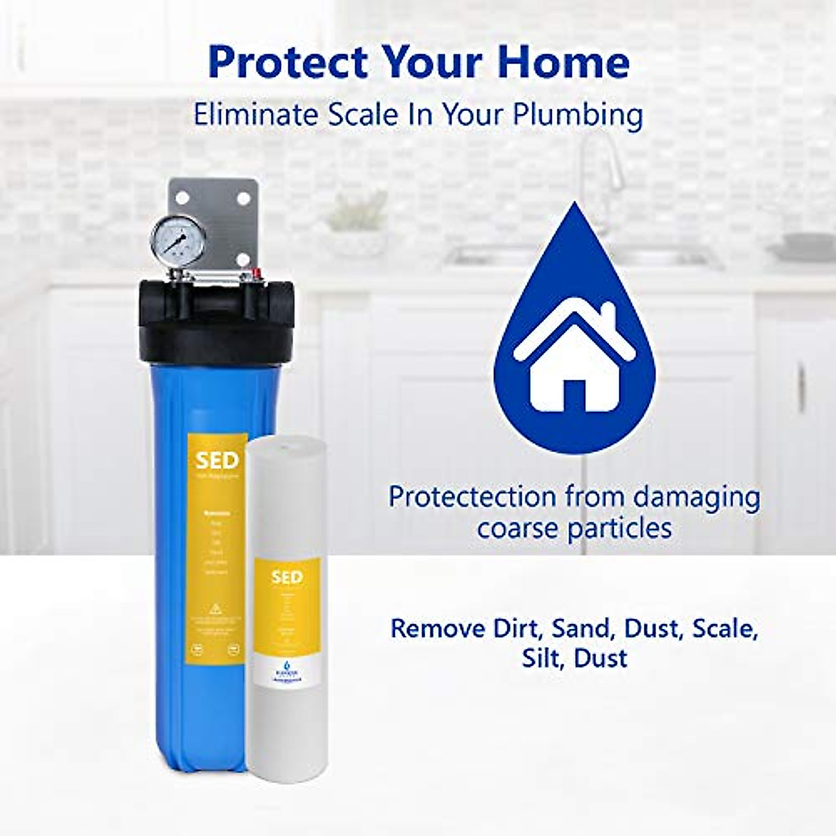 Express Water Whole House Water Filter, 1 Stage Home Water Filtration System, Sediment Filter, Includes Pressure Gauges, Easy Release, and 1 Inch Connections.