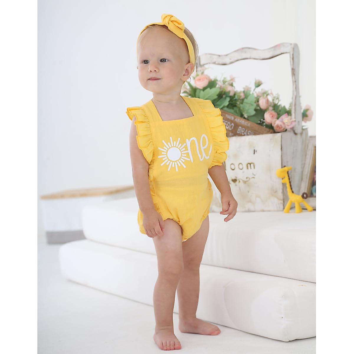 Detigee Baby Girl 1st Birthday Bodysuit Infant Backless Outfit (Yellow Sun, 12-18 Months)