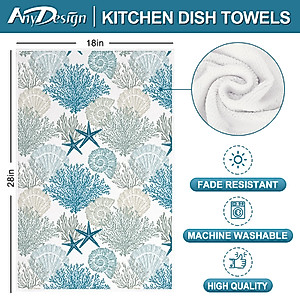 AnyDesign Ocean Theme Kitchen Dish Towel Beach Seashell Coral Starfish Hand Dying Towel Sea Creature Tea Towel for Cooking Baking Kitchen Accessories, Set of 2, 18 x 28 Inch