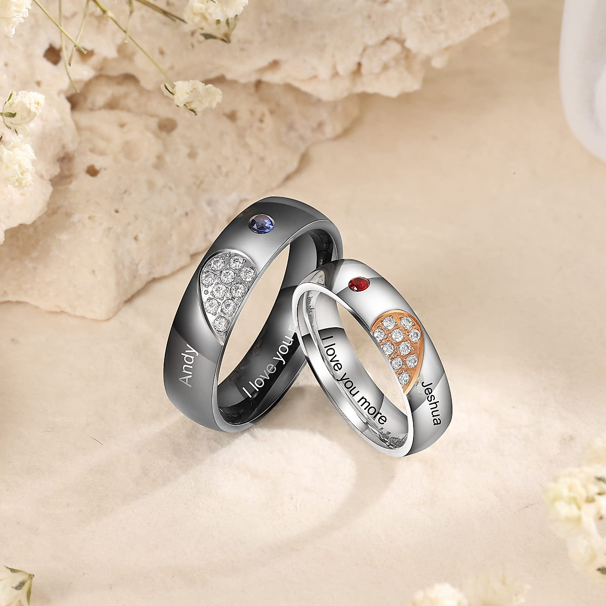 Luxladis Personalized Couples Rings Set for Him and Her Promise Rings for Couples Free Engraving Custom Name Stainless Steel Engagement Rings for Couples Valentines Day (Heart Couple ring)