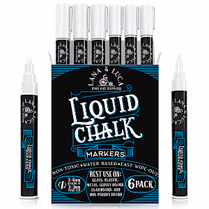Liquid Chalk Marker Pen - White, Dry Erase for Chalkboard Signs, Windows, Blackboard, Glass with 24 Chalkboard Labels Included (6 Pack) 3-6mm Reversible Tip, 3-3mm Fine Tip