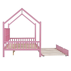 Full House Bed with Trundle and Storage Shelves, Montessori Bed Full Size Platform Bed Frame with Roof, Tent Bed, Solid Wood Playhouse Bed for Kids Teens Girls Boys (Full Size, Pink)