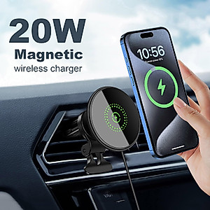 20W Magnetic Wireless Car Mount Charger, Compatible with MagSafe Car Charger Wireless Magnet Car Phone Holder Fast Charging for iPhone 14 15 Pro Max/14 Plus and 13/12 Series, Black