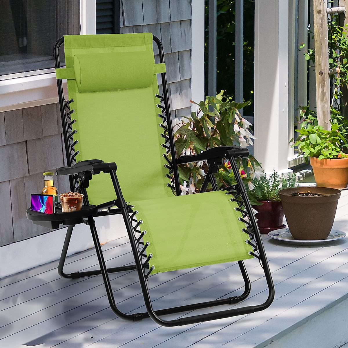Goplus Zero Gravity Lounge Chairs, 160°Adjustable Folding Recliner w/Pillow and Cup Holder, 350LBS Comfy Outdoor Lounge Chairs for Patio, Lawn, Yard & Camp(1, Green)