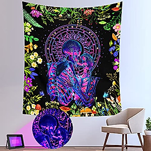 AACKart Blacklight Skull Tapestry, UV Reactive Kissing Lovers Skeleton Tapestry for Bedroom Aesthetic Colorful Floral Tapestries Glow in the Dark 51.2”x 59.1”