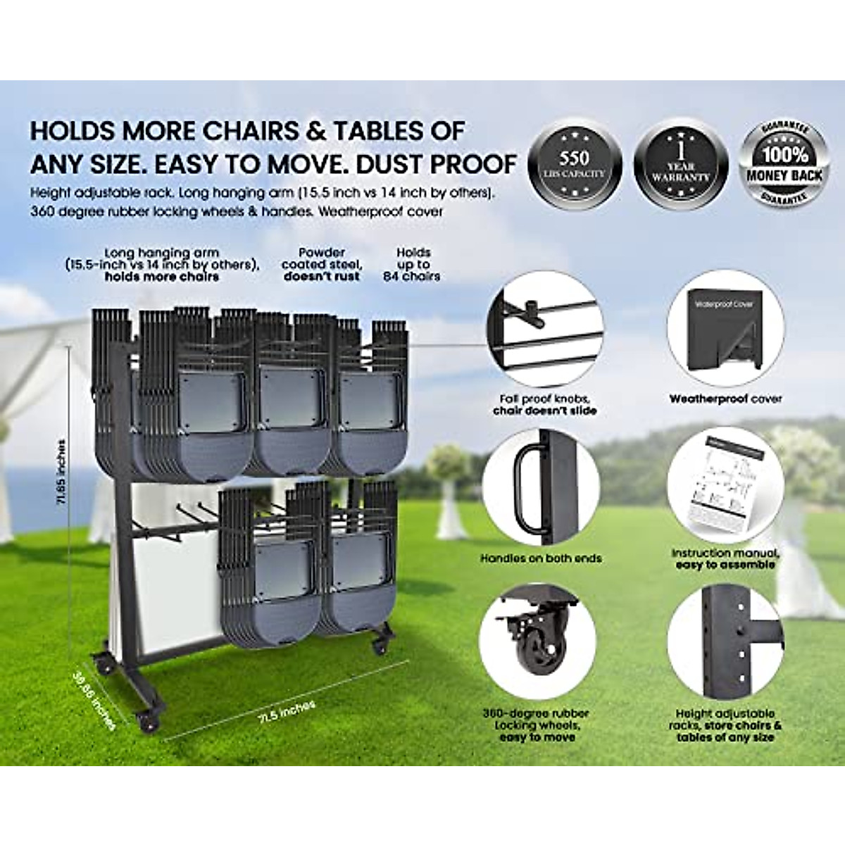 Folding Chair Rack Folding Chair Cart with Capacity 84 Folding Chair Storage Rack 360° Rubber Locking Wheels Weatherproof Cover Mobile Chair Dolly for Stackable Chairs Folding Tables and Chairs
