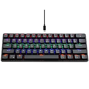 Wired 60% Mechanical Gaming Keyboard Mini Portable with Rainbow Backlit Full Anti-Ghosting 61 Key Ergonomic Double Foot Stand Type-C USB Waterproof for Typist Laptop PC Mac Gamer (Blue Switch)，Black