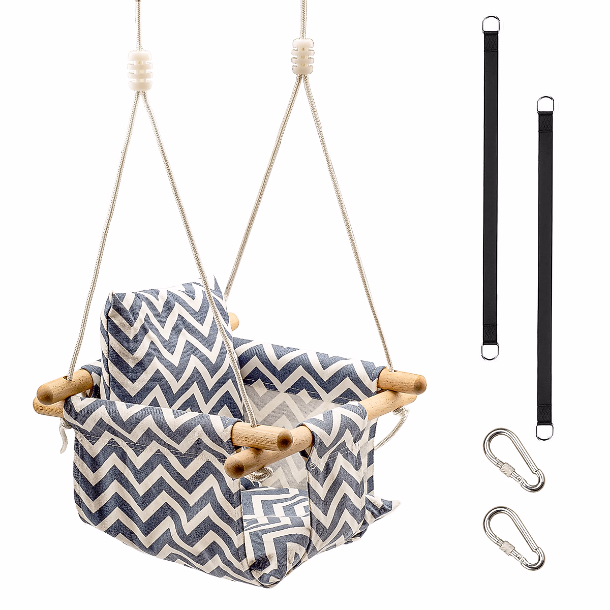 Toddler Baby Hanging Swing Seat Secure Canvas Hammock Chair with Soft Backrest Cushion - Installation Accessories Included