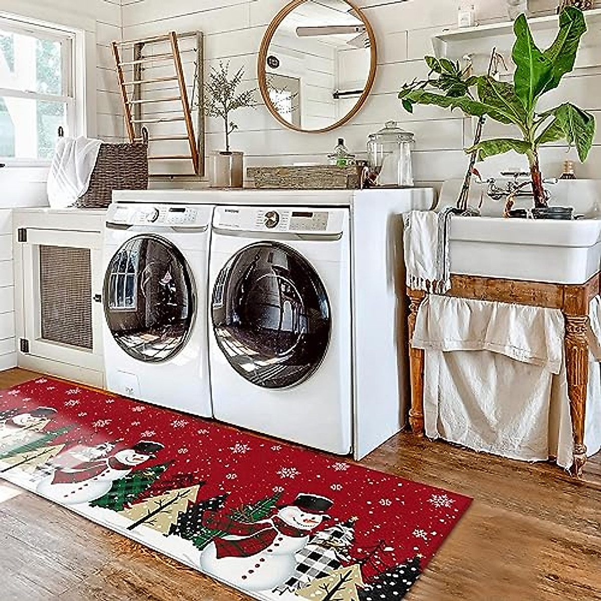 Miaklek Christmas Kitchen Rugs Anti Fatigue Mats for Kitchen Floor Cushioned Kitchen Rugs and Mats Non Slip Kitchen Runner Comfort Standing Mat, Cute Snowman Xmas Tree Winter Snowflake Red