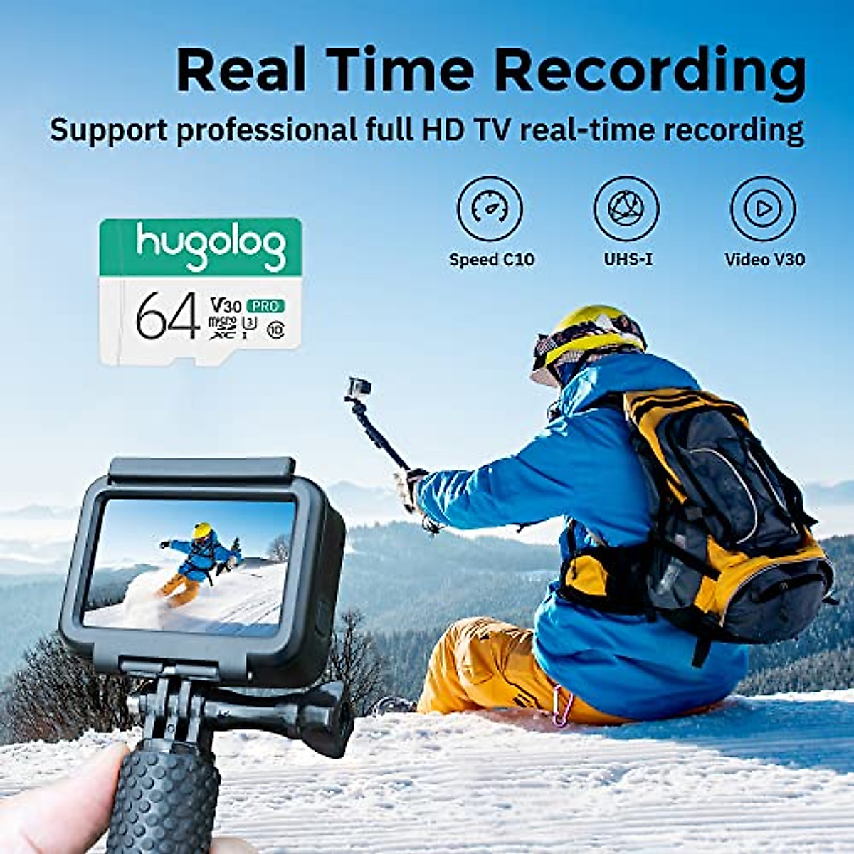 Hugolog 64GB Micro SD Card, Micro SDXC UHS-I Memory Card – 95MB/s,633X,U3,C10, Full HD Video V30, A1, FAT32, High Speed Flash TF Card P500 for Phone/Tablet/PC/Computer