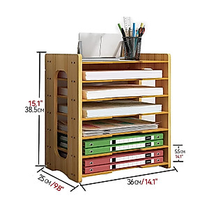 Catekro 7-Tier Desk Organizer, Wood Desktop Accessories, Complimentary Four rulers, Storage Box Office Supplies Organization, Large Capacity Decor File for Office, School and Home(Brown)