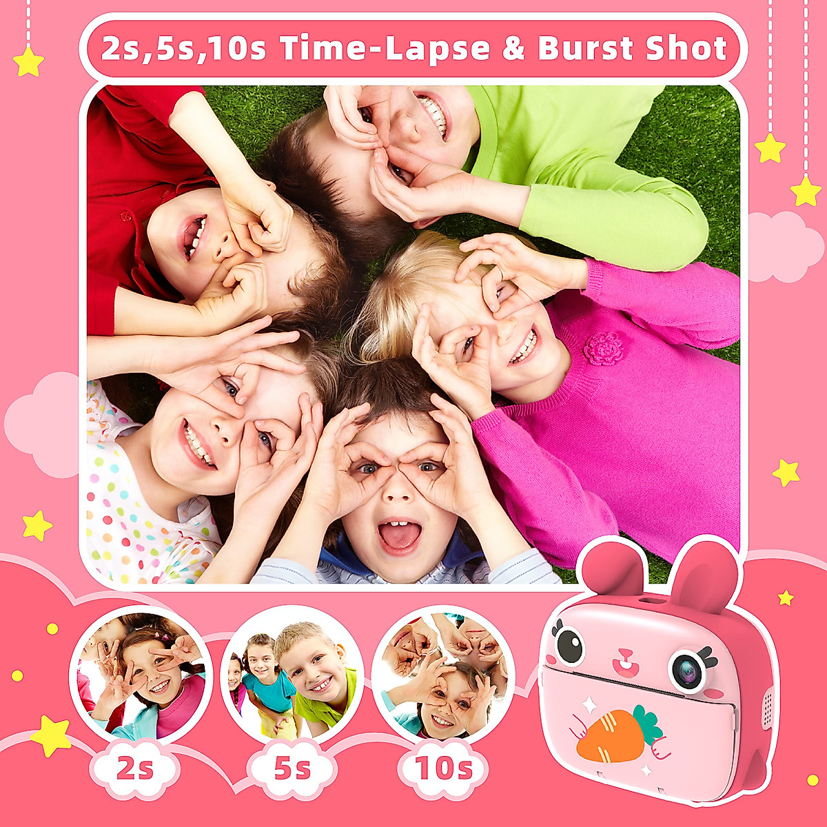 CAMCLID Instant Camera for Kids, 2.5K Kids Camera Instant Print with No Ink Print Paper & 32G Card,Selfie Digital Camera & 1080P Video Camera, Toy Gift for Girls Boys 3-12 (Pink)